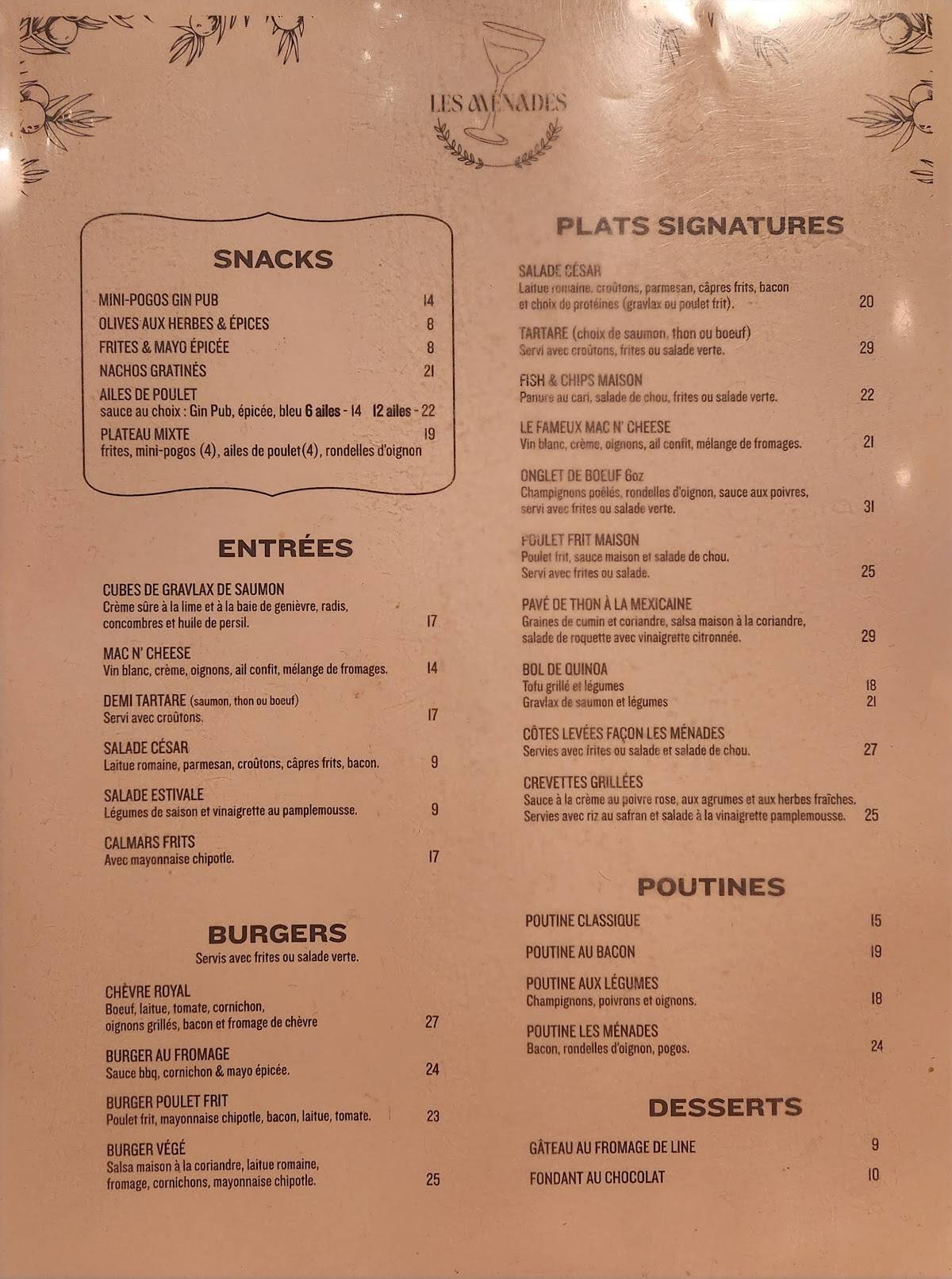 Menu at Les Ménades restaurant, Montréal