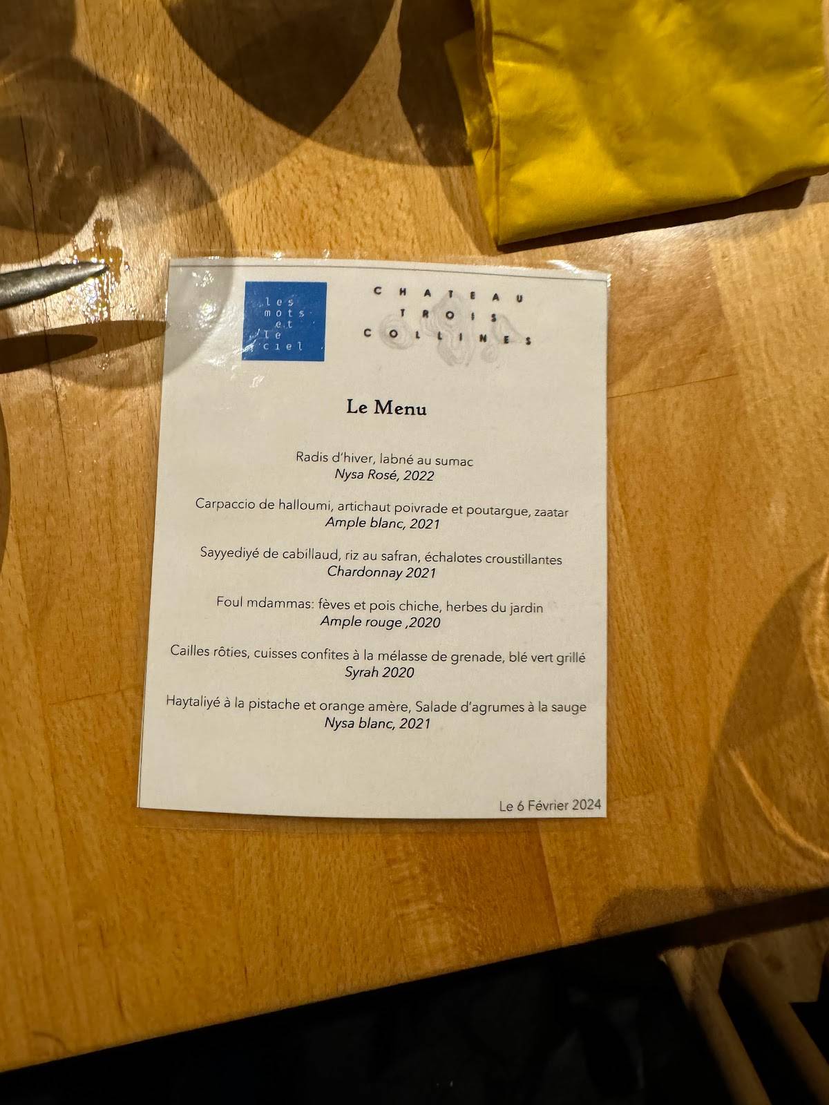 Carta del restaurante Les Mots et Le Ciel, Paris