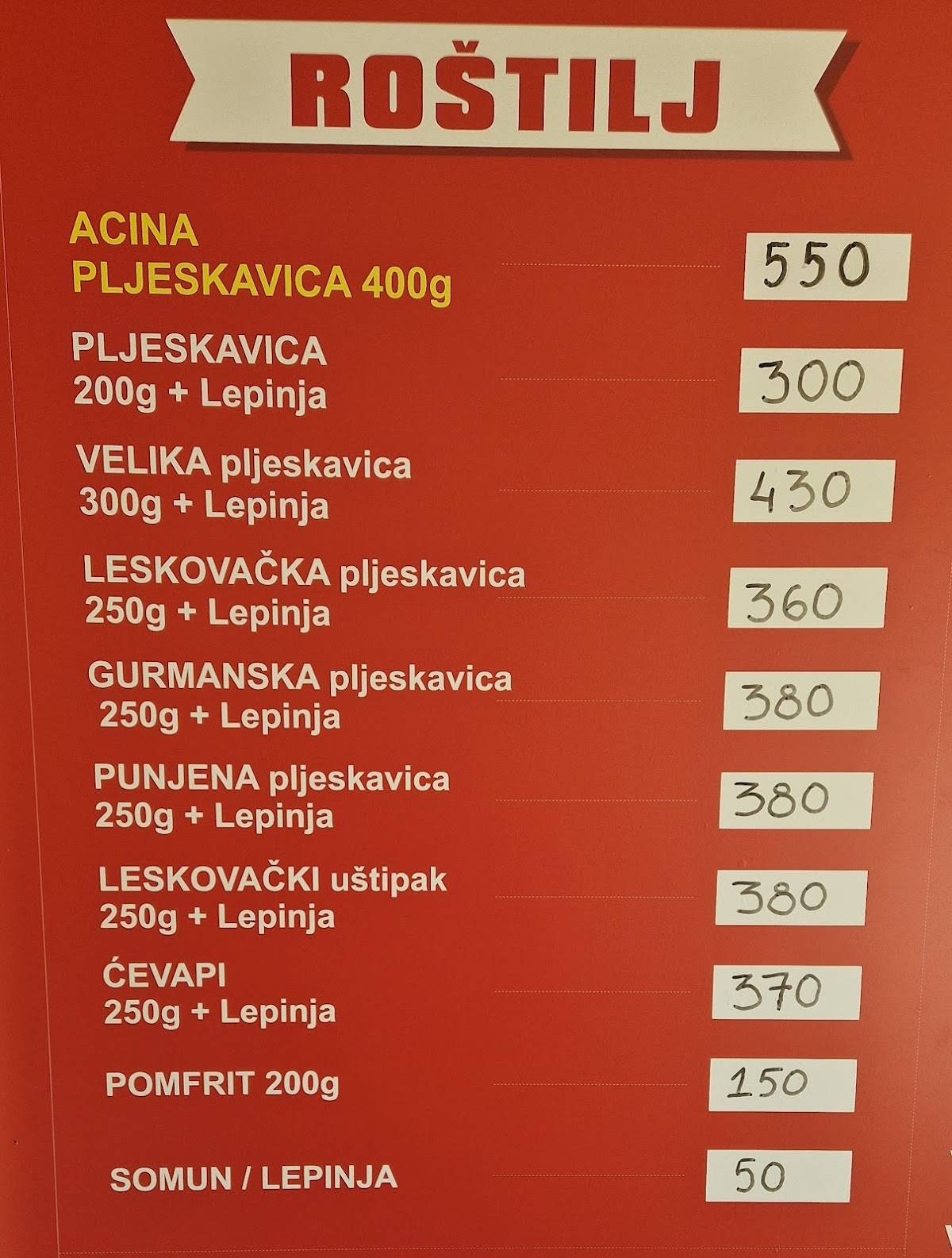 Menu at Leskovacki rostilj kod Ace restaurant, Belgrade