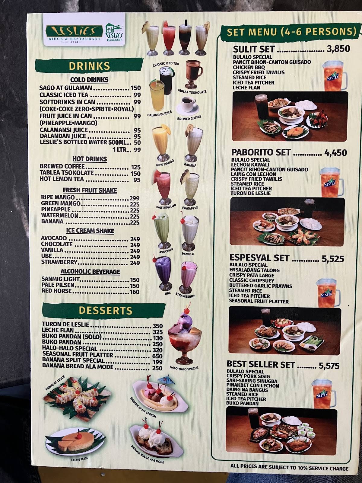 Menu at Leslie's Restaurant, Tagaytay, 4X22+RMG