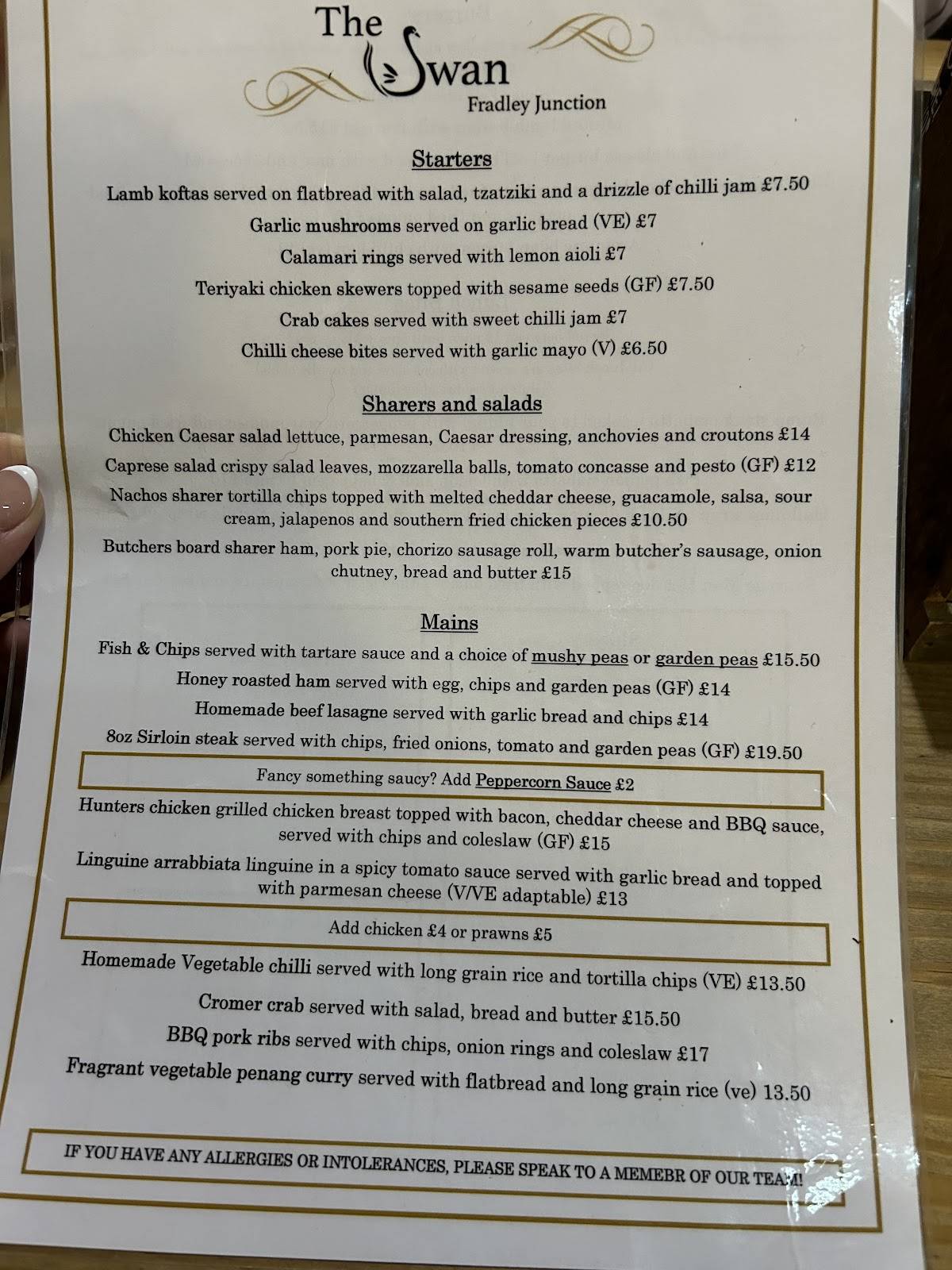 Menu at The Swan pub & bar, Fradley and Streethay, Fradley Junction