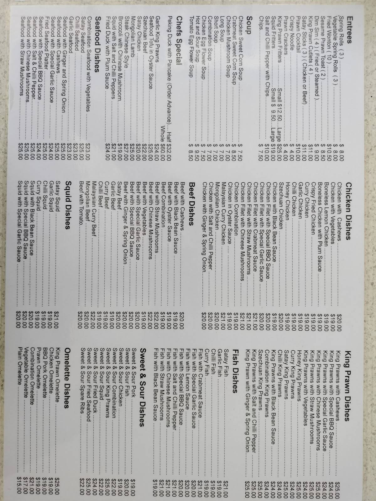 Menu at Lifang Valley Chinese restaurant, Kelmscott
