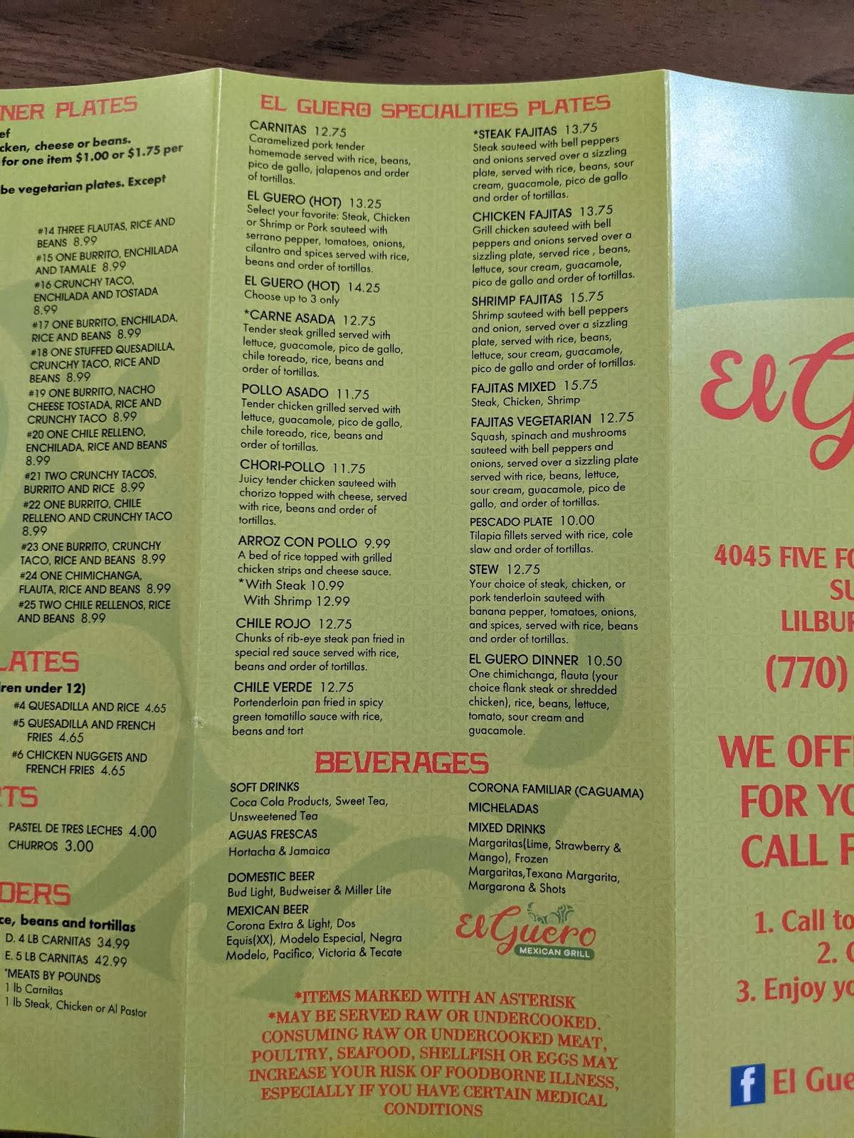 Menu at El Guero Mexican Grill restaurant, Lilburn
