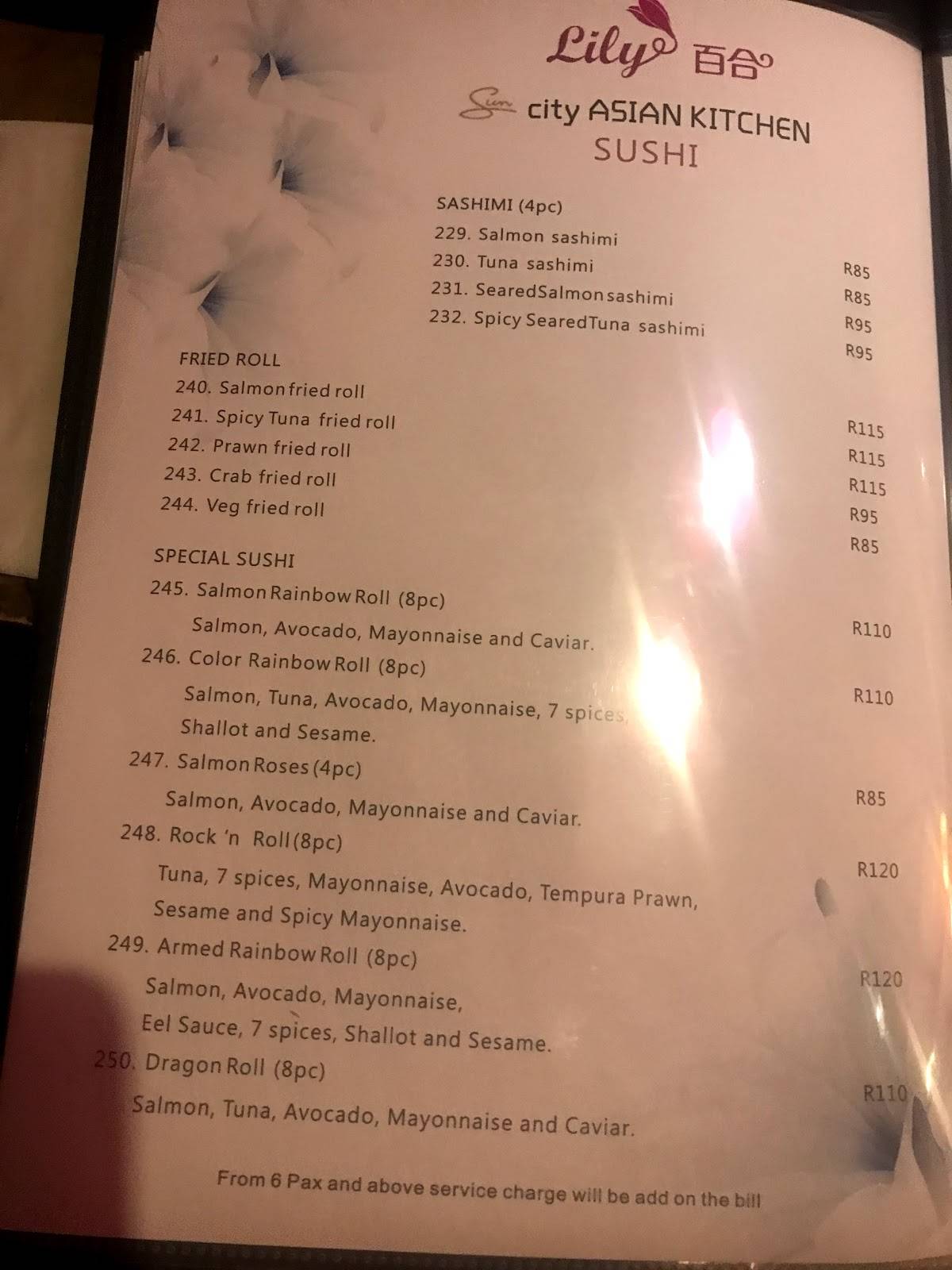 Menu au Lily Asian Kitchen - Soho Hotel, Afrique du Sud