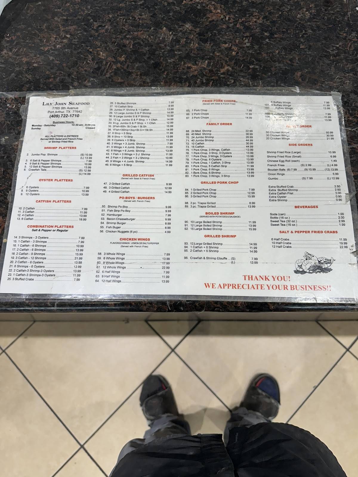 Menu at Lily John Seafood restaurant, Port Arthur