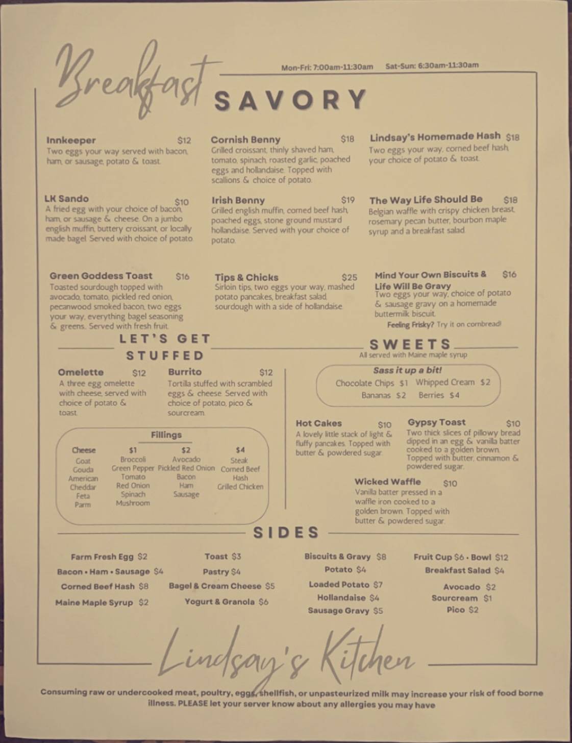 Menu at Lindsay's at The Cornish Inn restaurant, Cornish