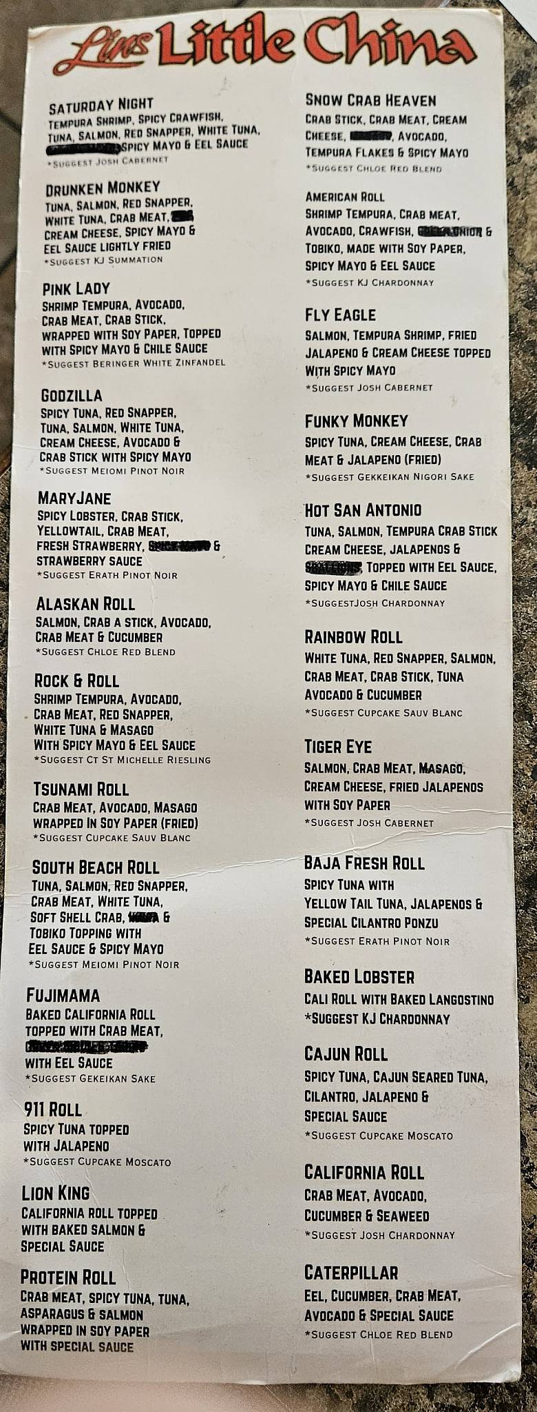 Menu at Lin's Little China restaurant, Lake Havasu City