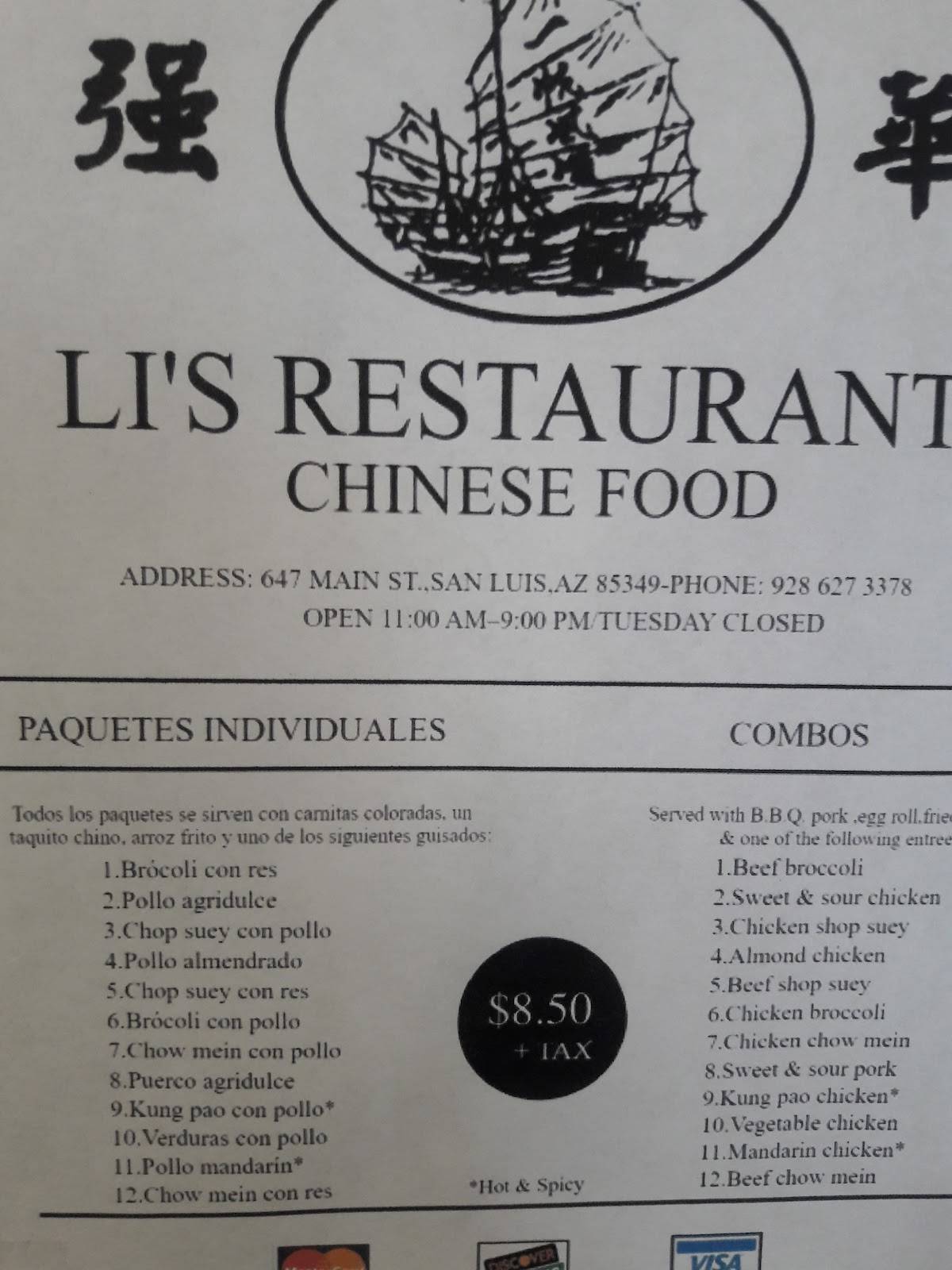 Menu at Li's Restaurant, San Luis