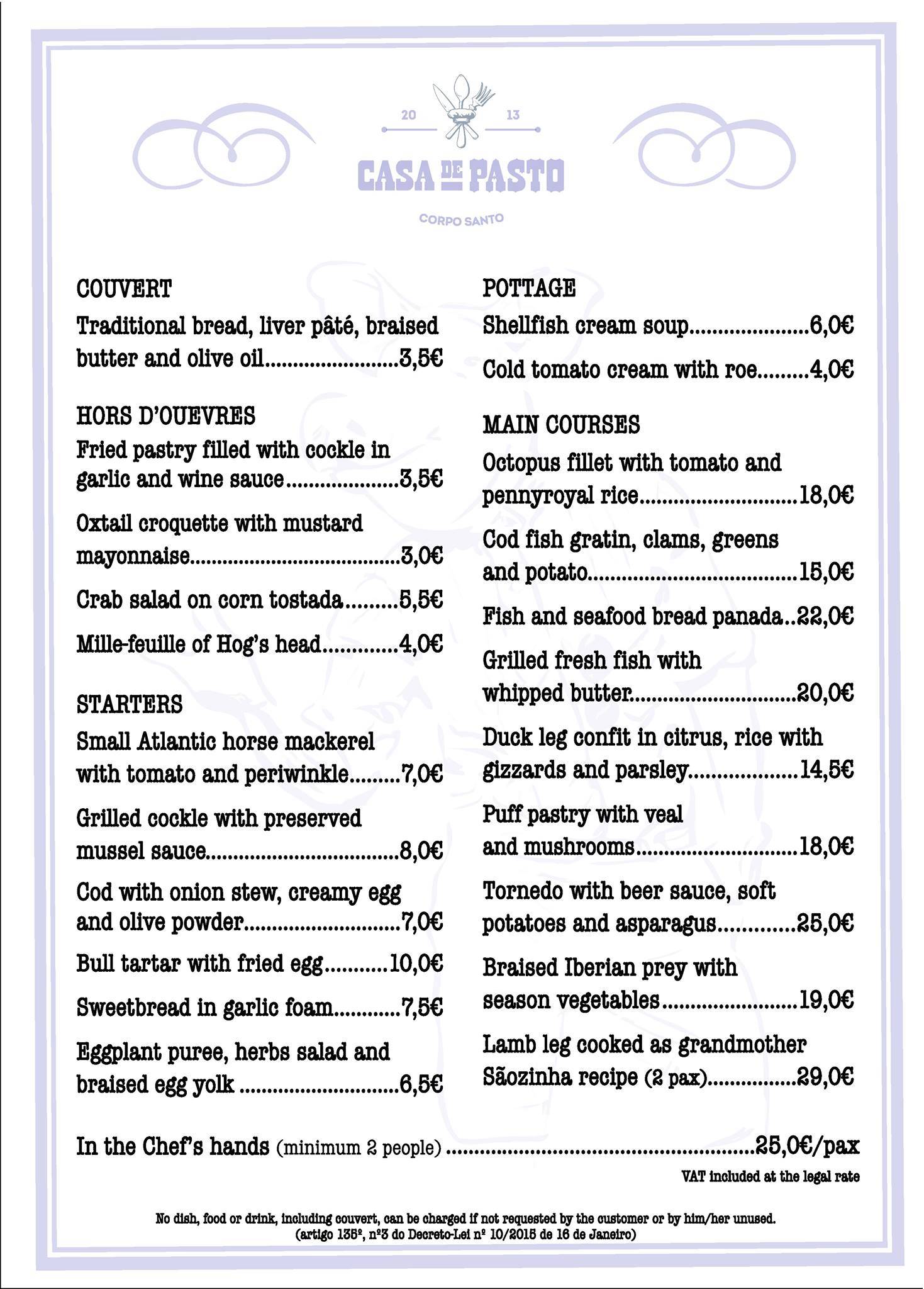 Menu at Casa de Pasto restaurant, Lisbon, R. dos Bacalhoeiros 137