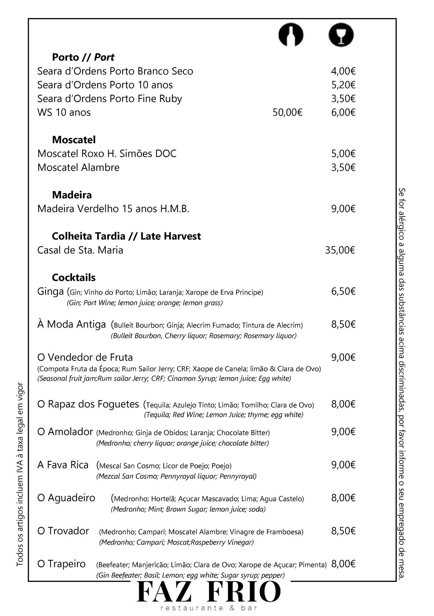 Menu at Faz Frio restaurant, Lisbon