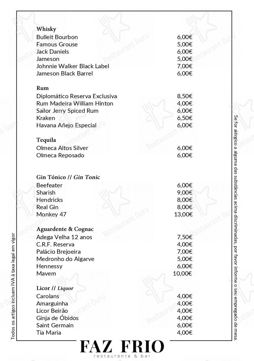 Carta del restaurante Faz Frio, Lisboa