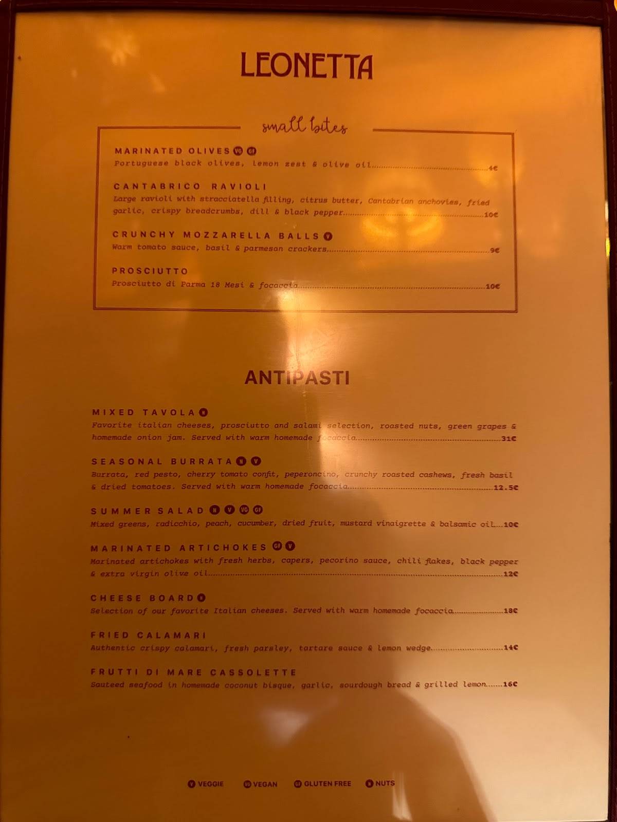Menu at Leonetta restaurant, Lisbon