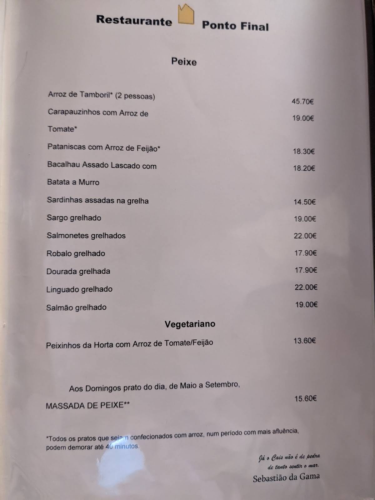 Menu at Restaurante Ponto Final, Almada