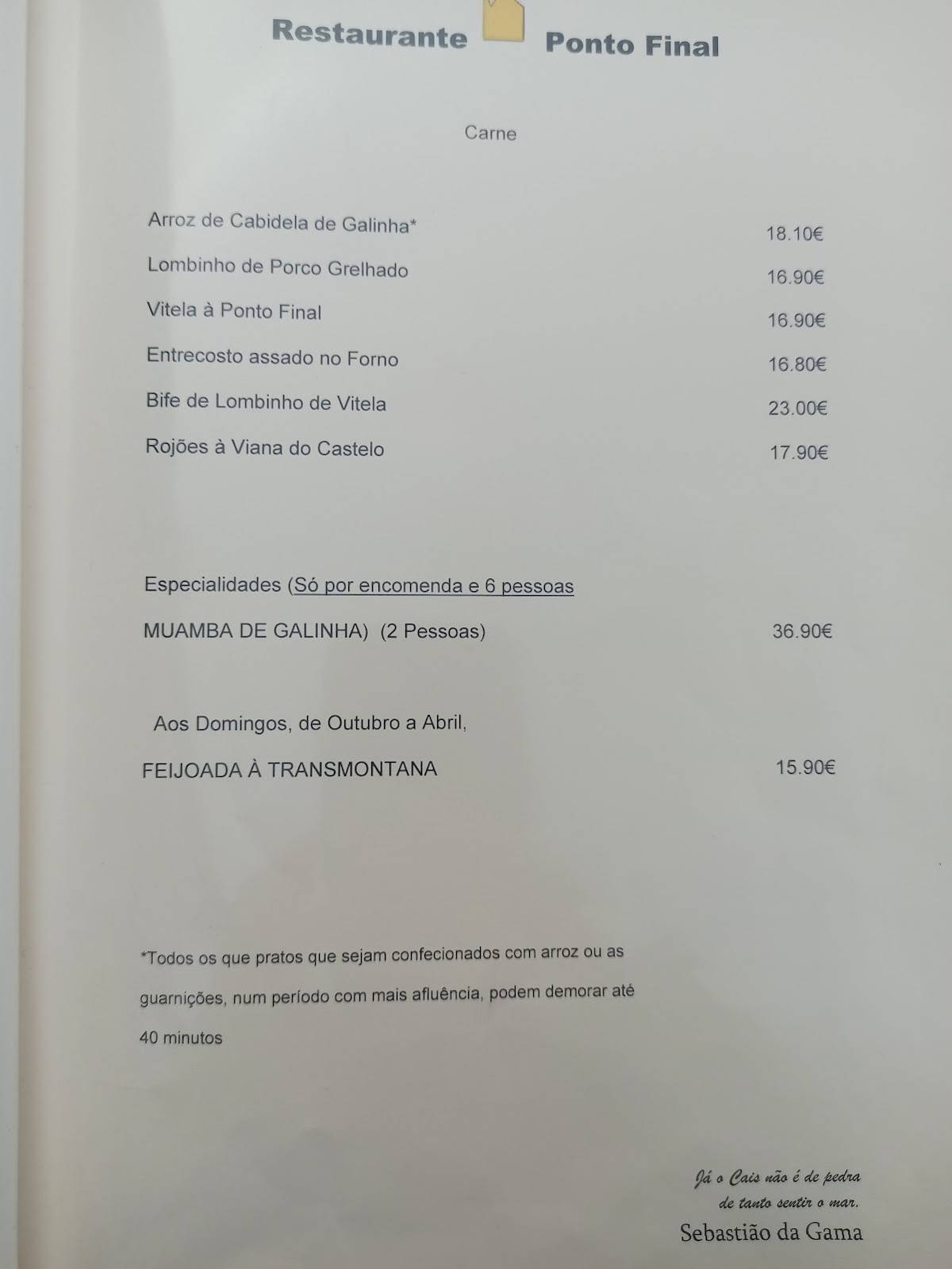 Menu at Restaurante Ponto Final, Almada