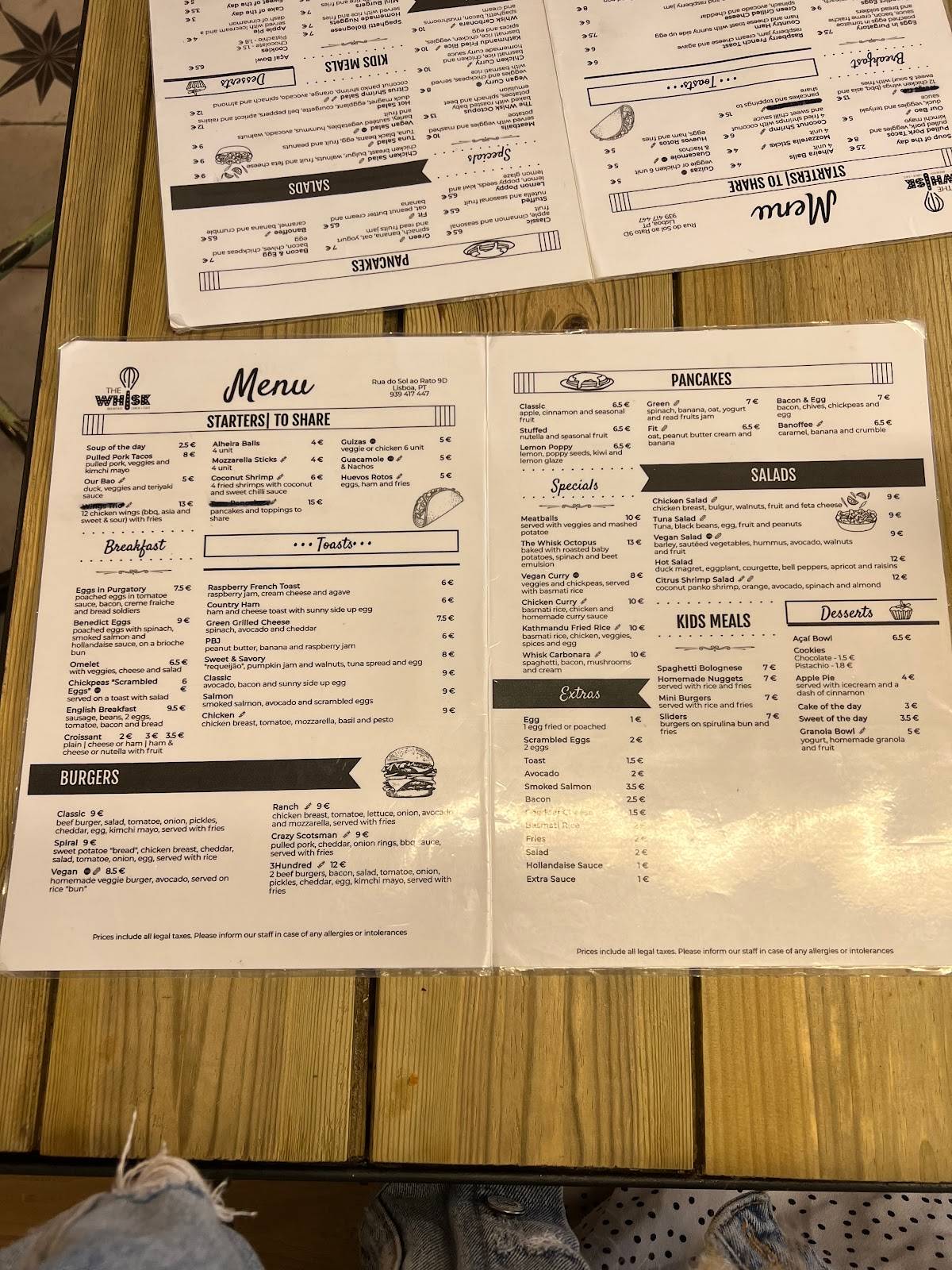 Menu at The Whisk Cafe, Lisbon