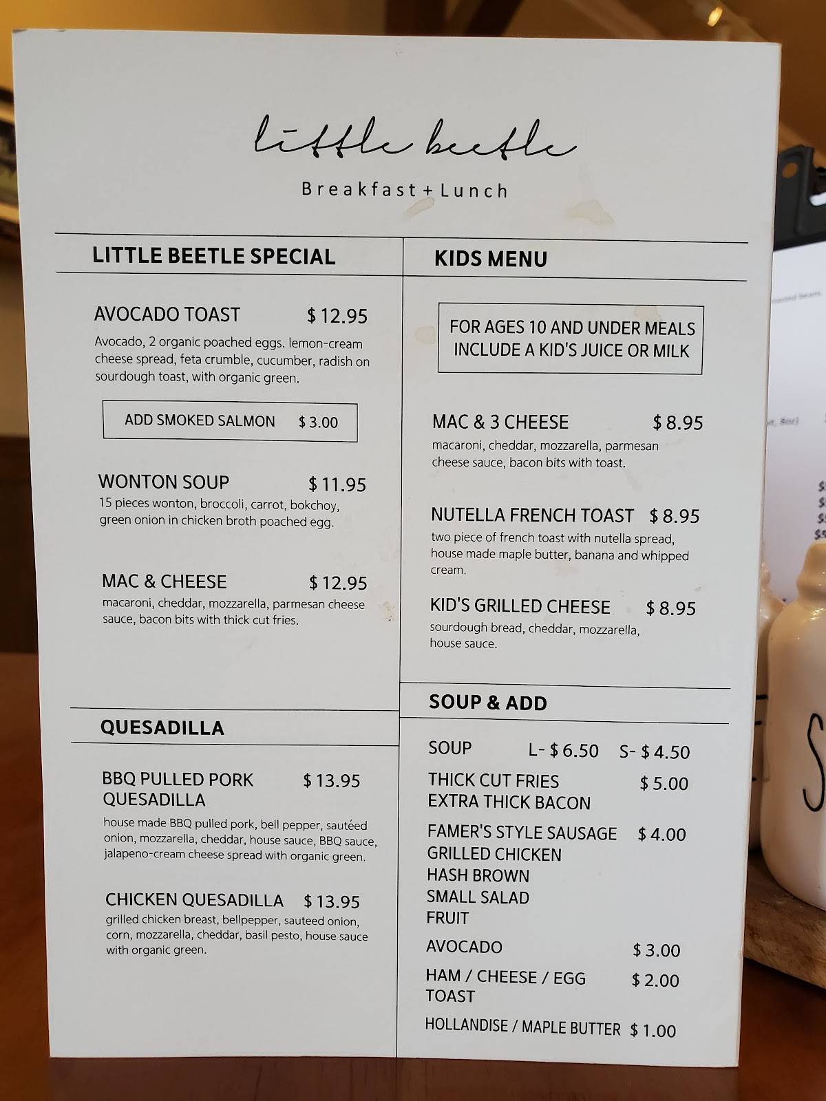 Menu at Little Beetle restaurant, Chilliwack