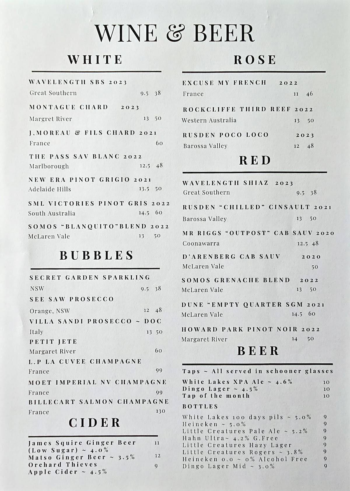 Menu at Little Fire restaurant, East Fremantle