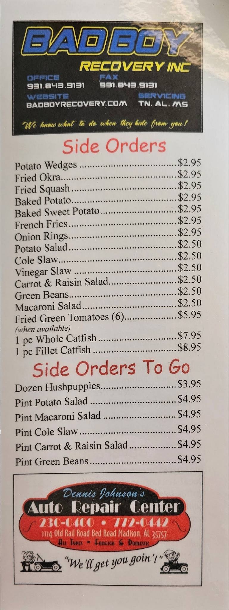 Menu at Little Libby's Catfish restaurant, Madison