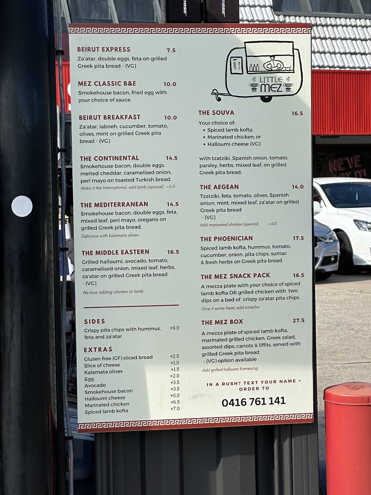 Menu at Little Mez cafe, Phillip