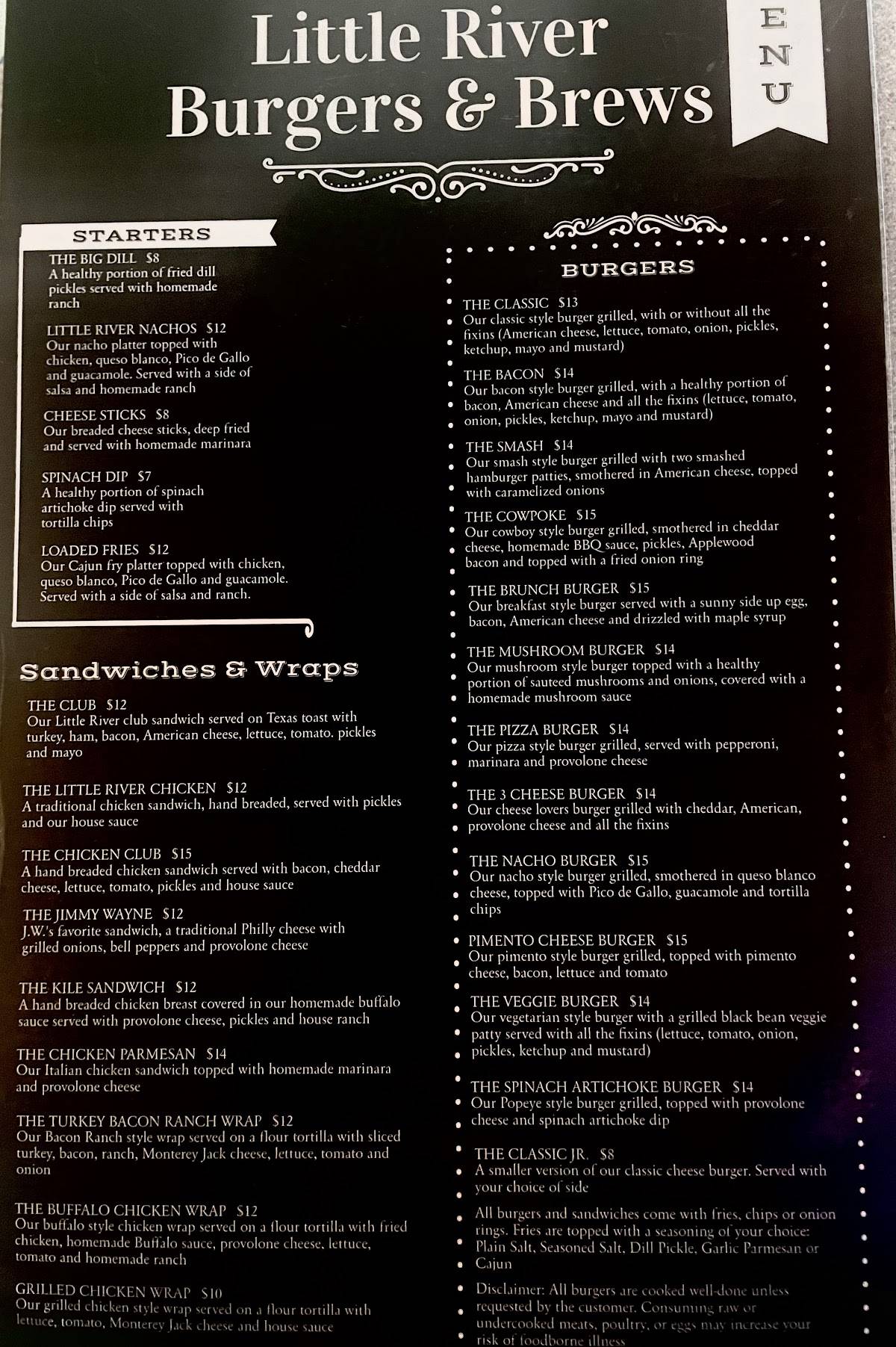 Menu at Little River Burgers & Brews restaurant, Fort Payne