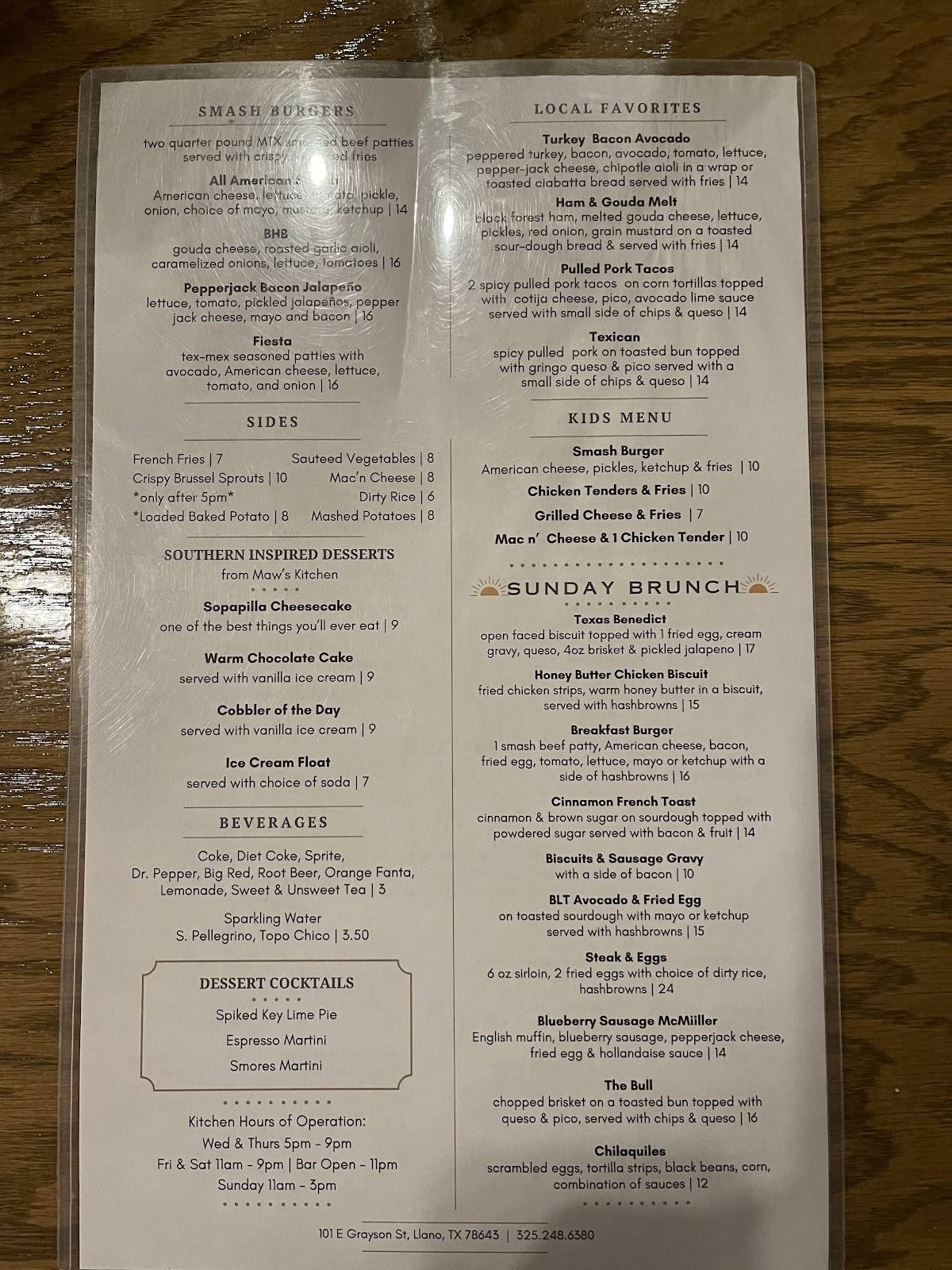 Menu at The Barrel House, Llano, 101 E Grayson St