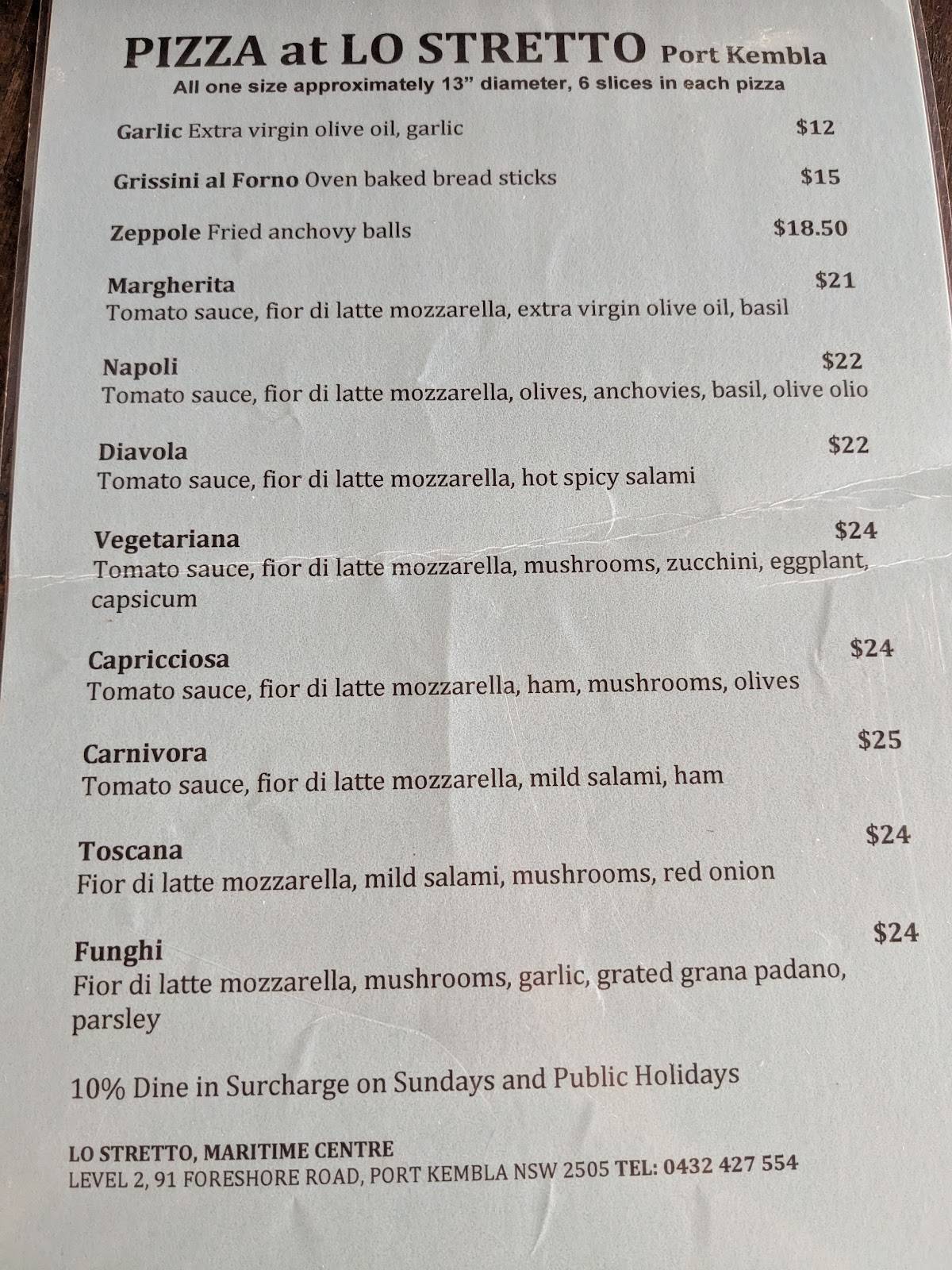 Menu at Lo Stretto Cafe Restaurant, Port Kembla