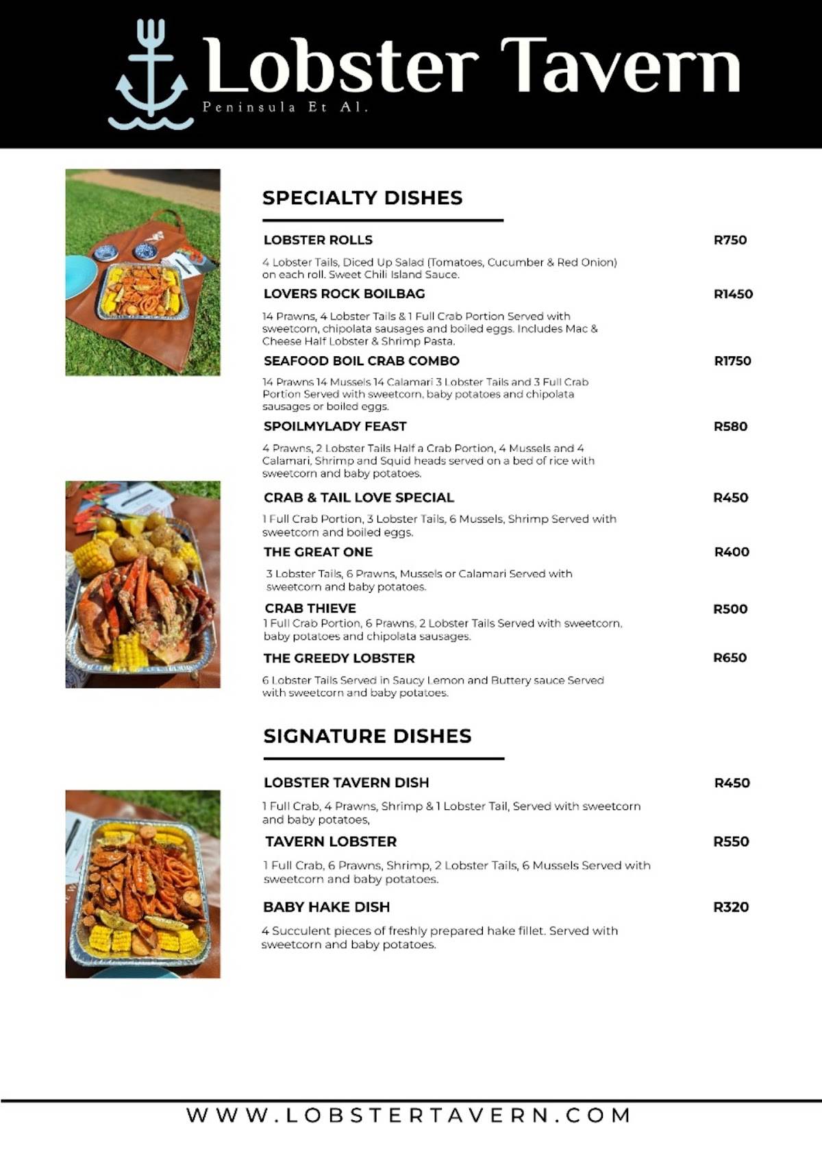 Menu at Lobster Tavern restaurant, Randburg