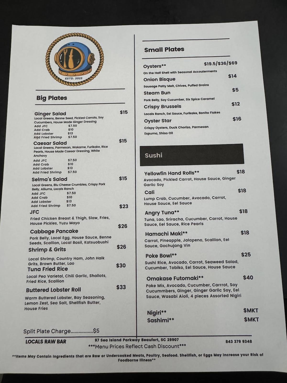 Menu at Locals Raw Bar, Beaufort