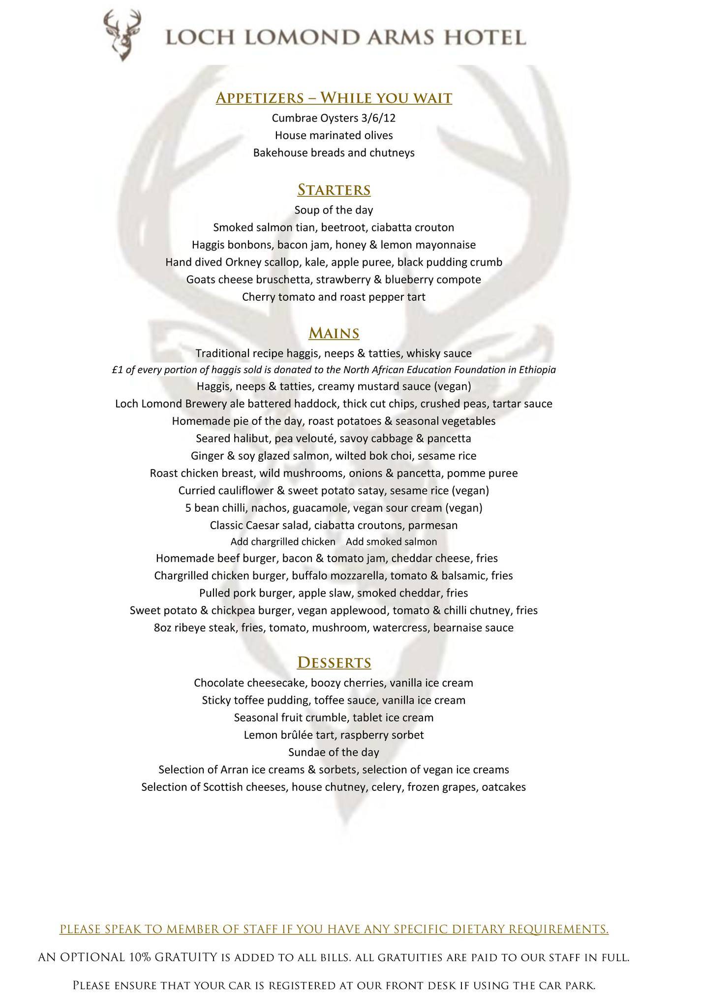 Menu at Loch Lomond Arms pub & bar, Luss