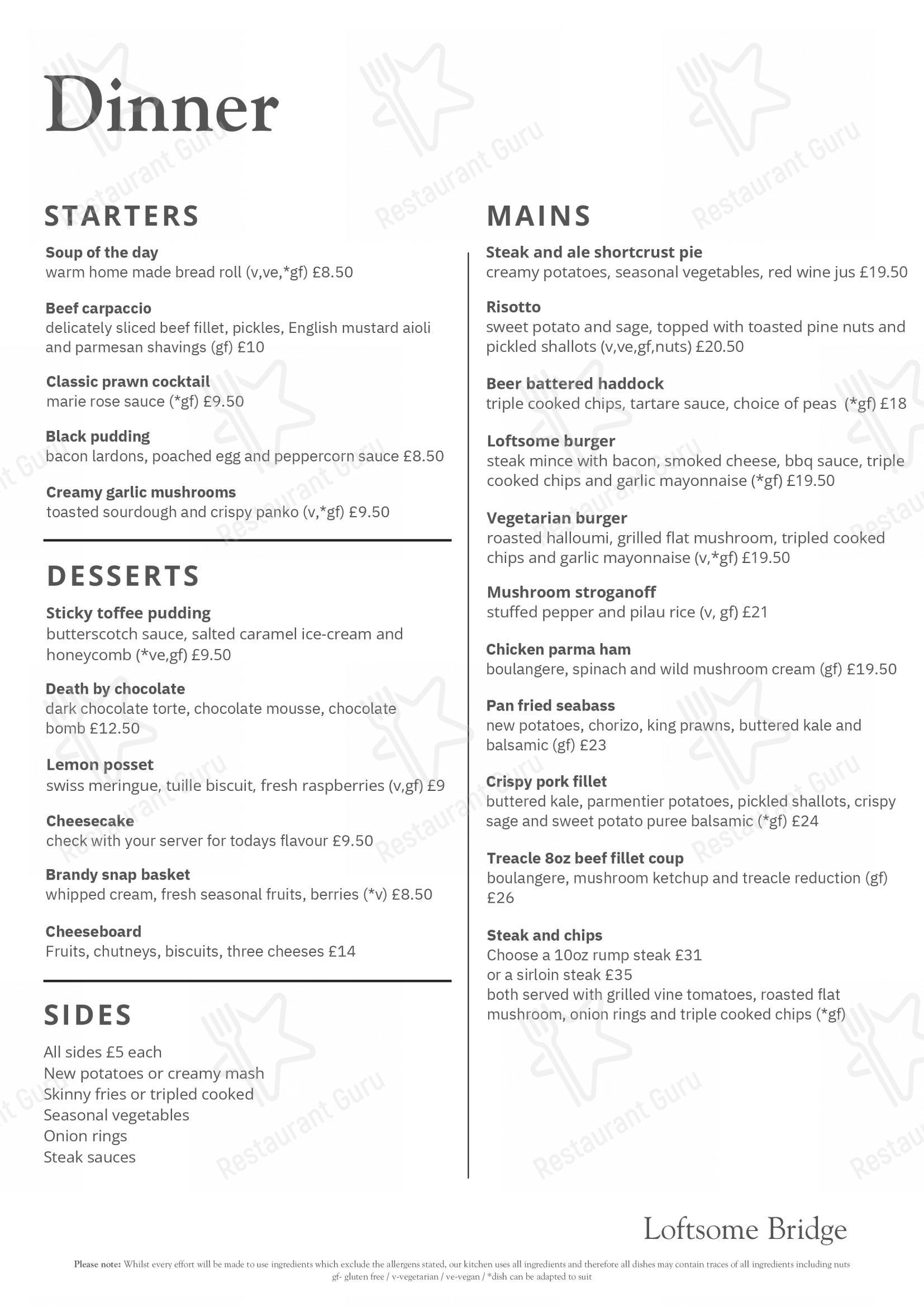 Menu at Loftsome Bridge Restaurant, England