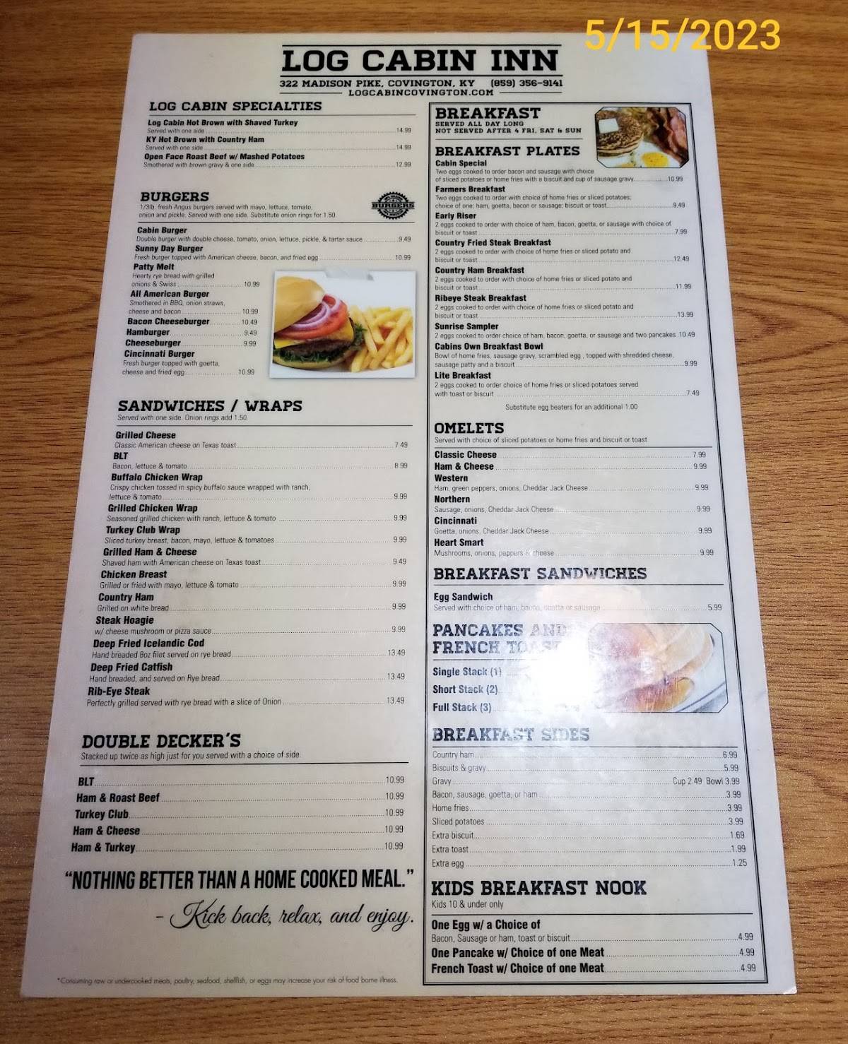 Menu at Log Cabin Inn steakhouse, Covington, 322 Madison Pike