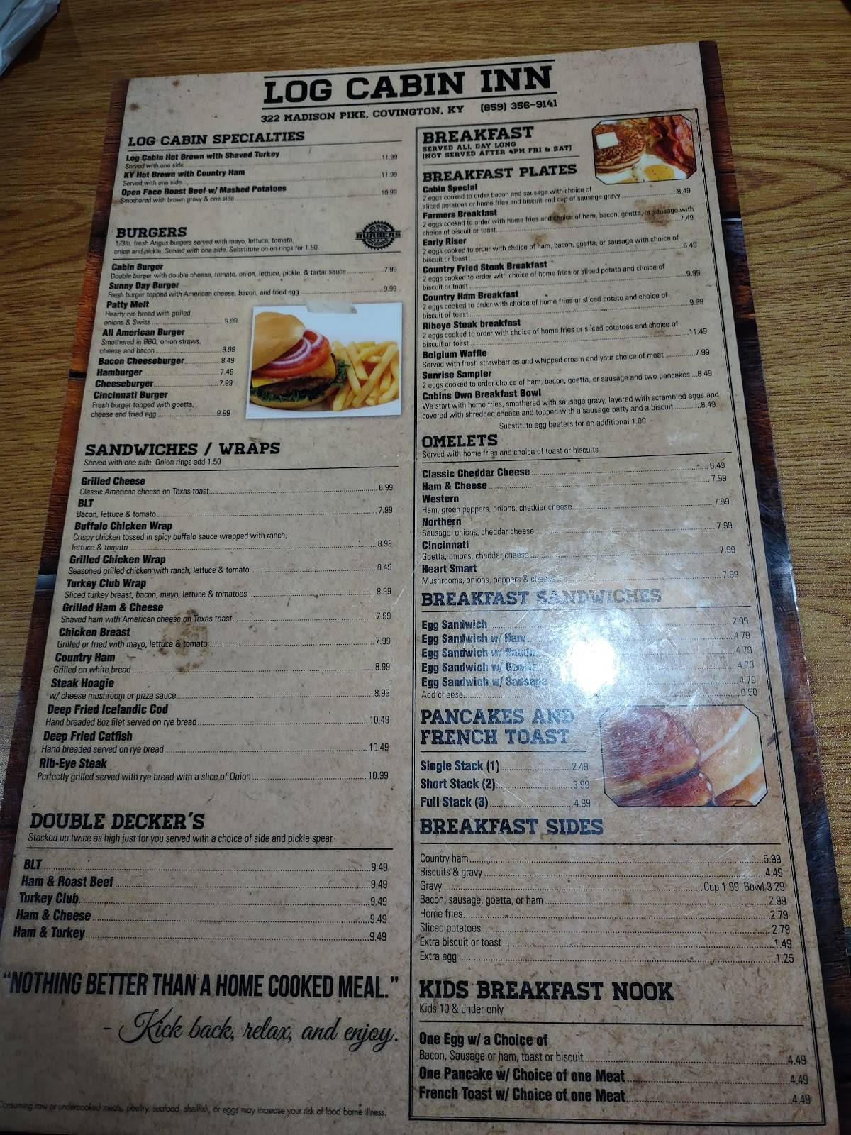 Menu at Log Cabin Inn steakhouse, Covington, 322 Madison Pike