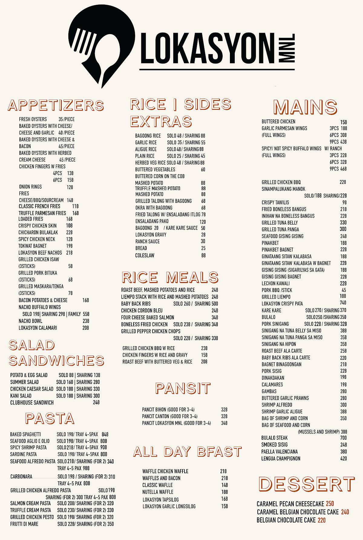 Menu at Lokasyon MNL restaurant, Manila