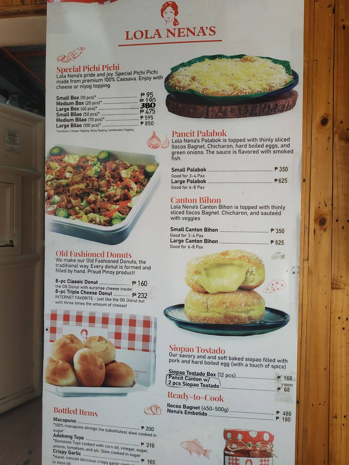 Menu at Lola Nena's Scout Bayoran restaurant, Quezon City