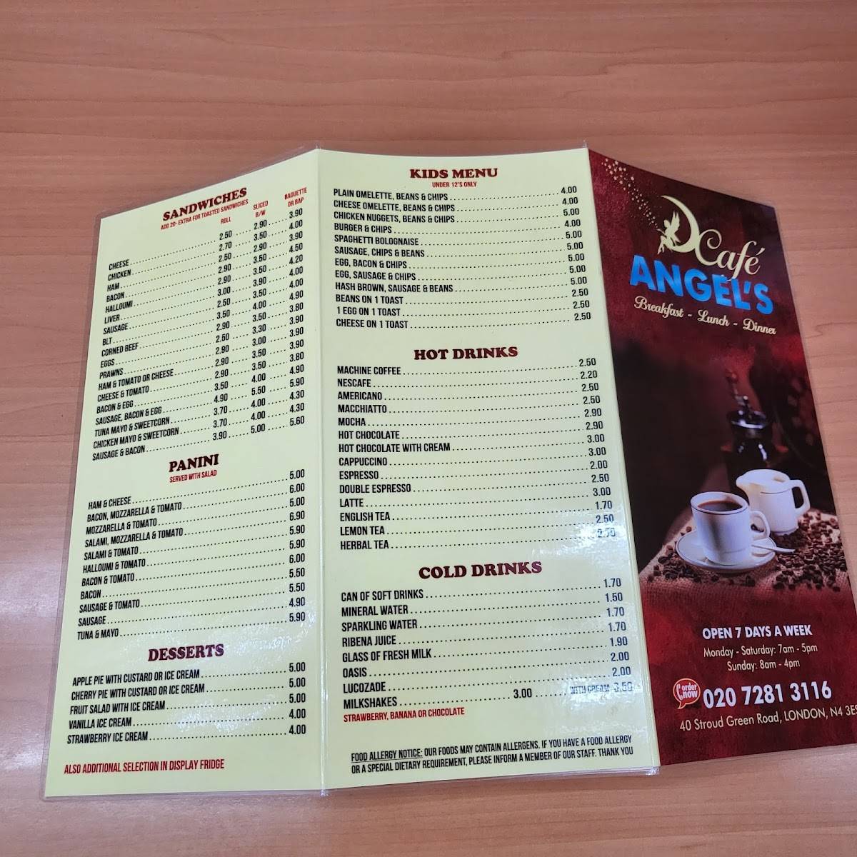 Menu at Angel’s Cafe, London, 40 Stroud Green Rd