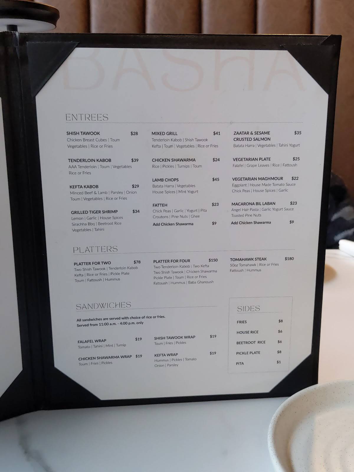 Menu at Basha Lebanese Restobar, London