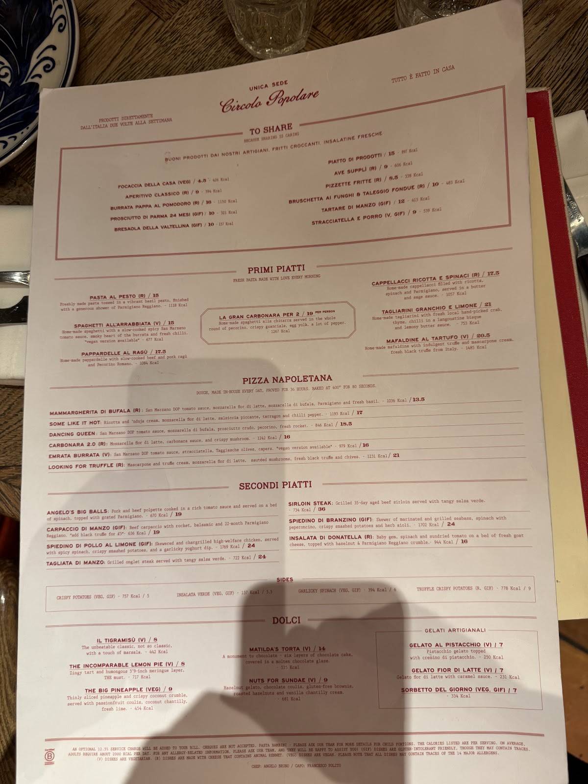 Menu at Circolo Popolare restaurant, London