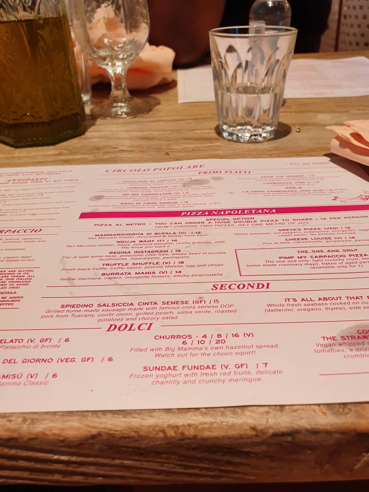 Menu at Circolo Popolare restaurant, London