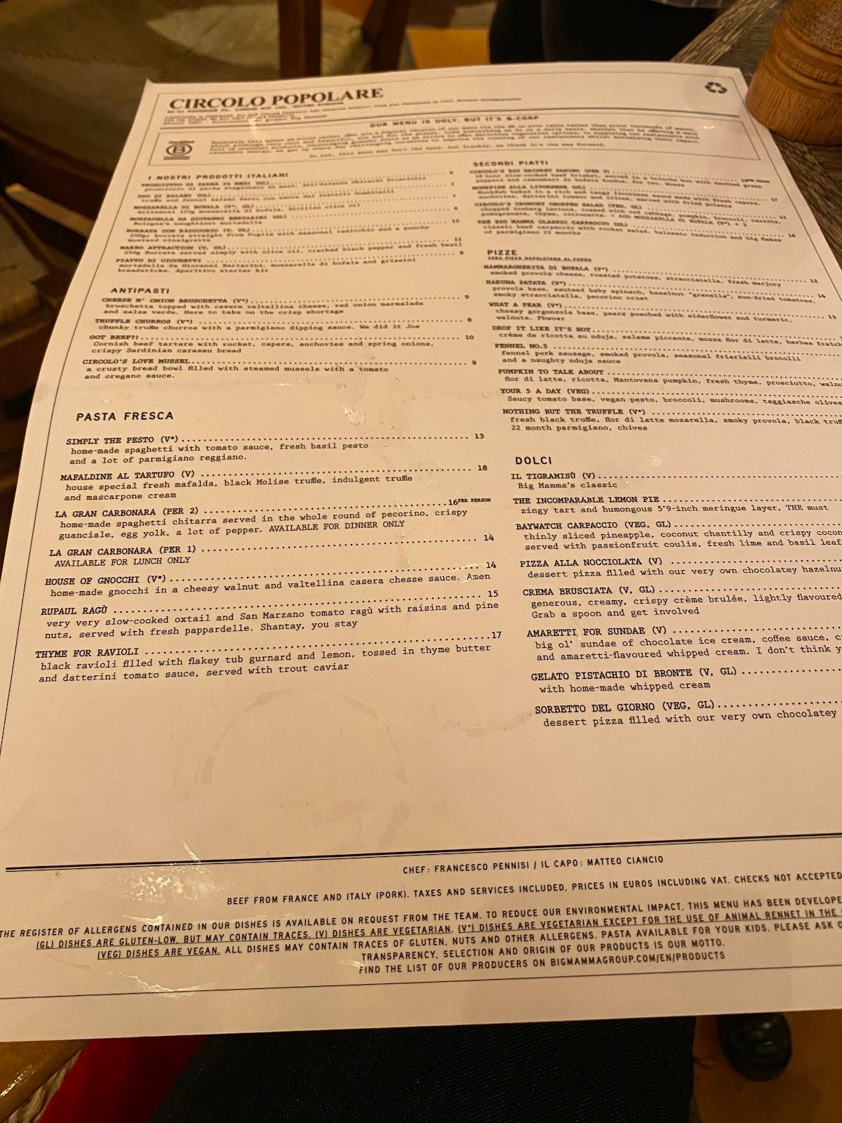 Menu at Circolo Popolare restaurant, London