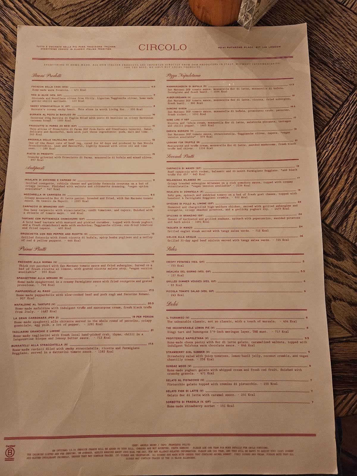 Menu at Circolo Popolare restaurant, London