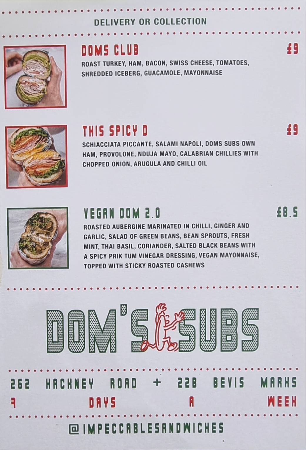 Menu at Dom's Subs restaurant, London, 262 Hackney Rd