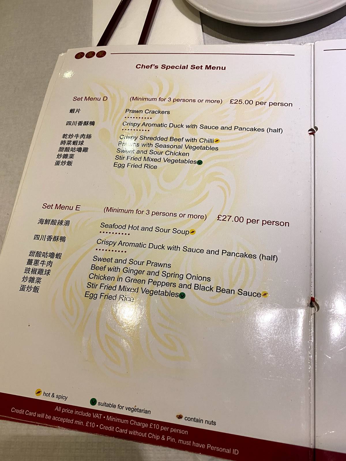Menu at Golden Phoenix restaurant, London, 37-38 Gerrard St