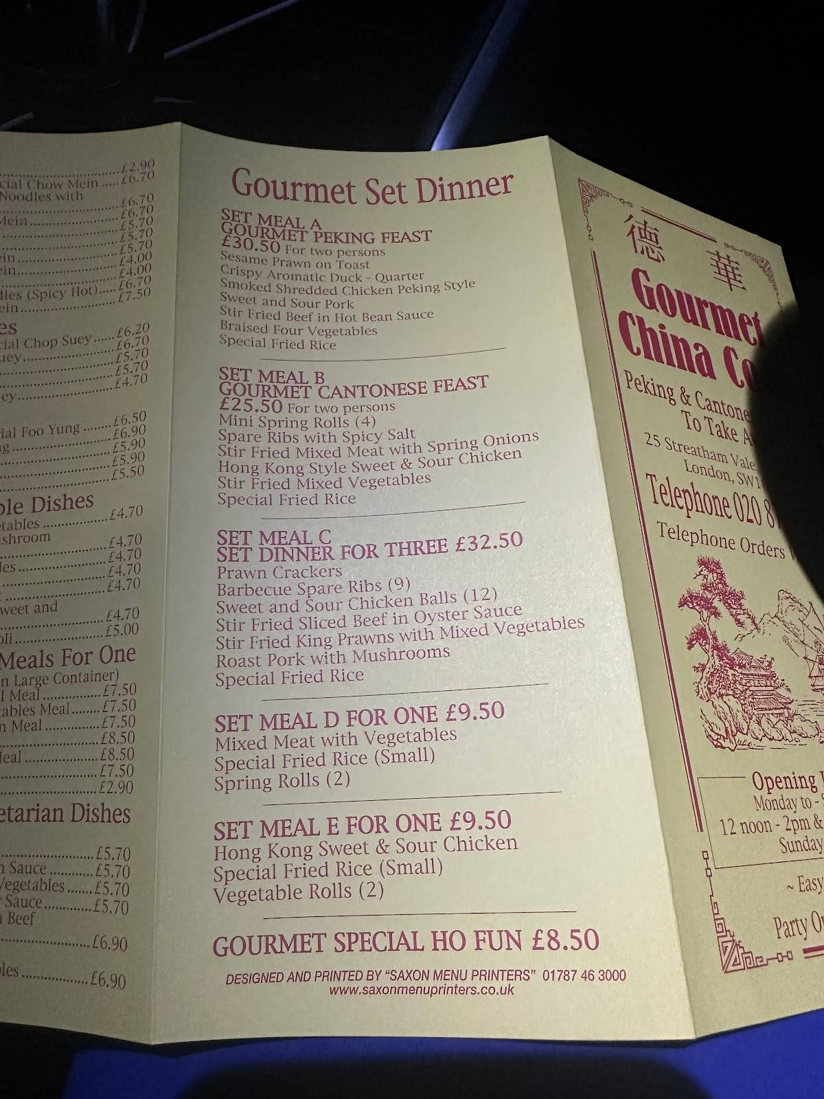 Menu at Gourmet China Cook fast food, London