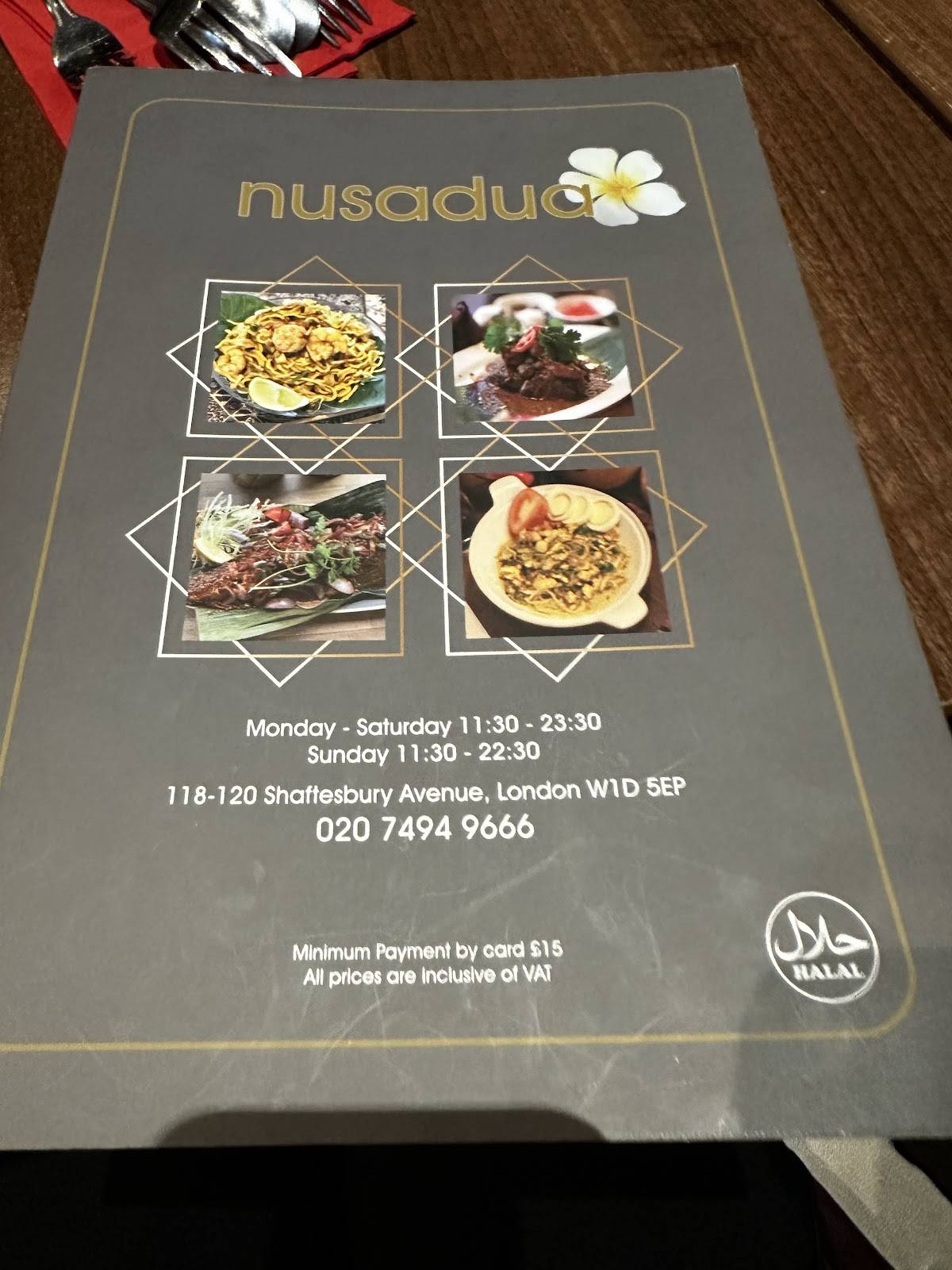 Menu at Nusa Dua restaurant, London, 118-120 Shaftesbury Ave