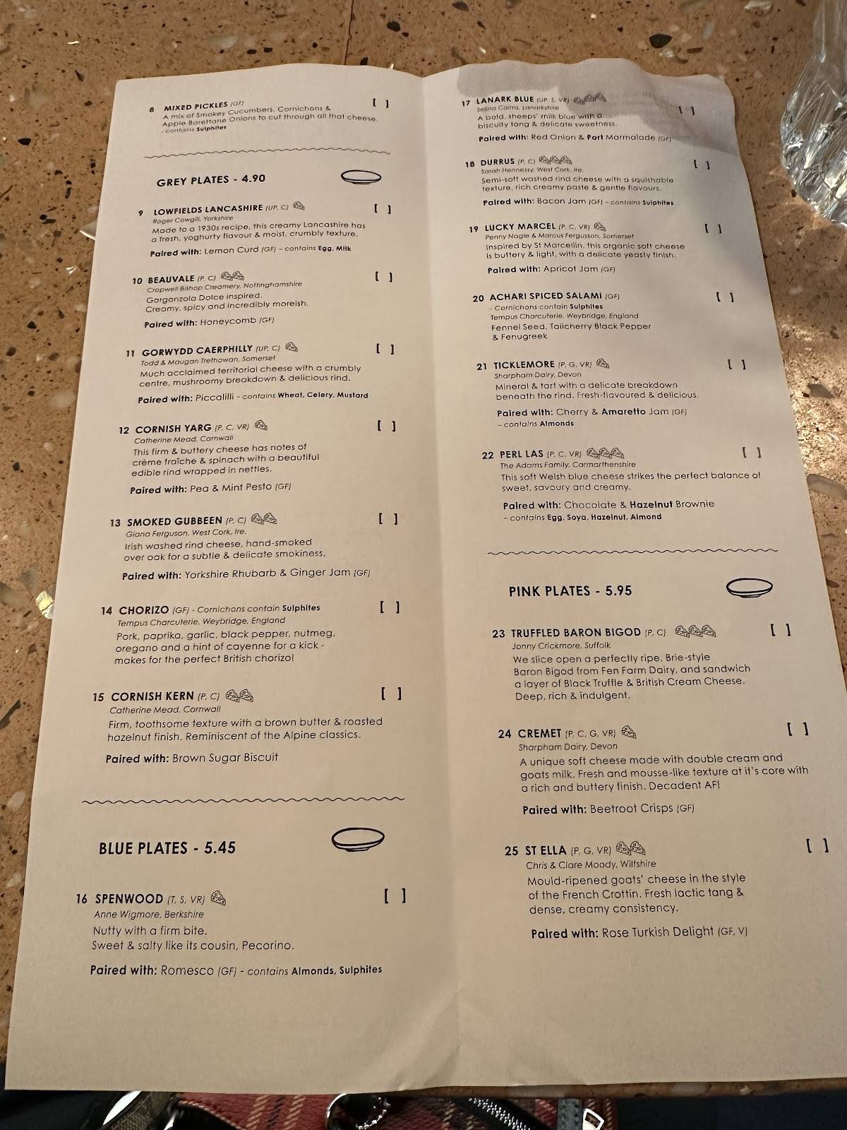 Menu at Pick & Cheese restaurant, London