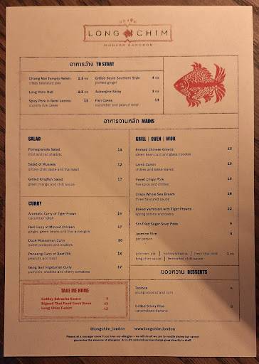 Menu at Long Chim London restaurant, London