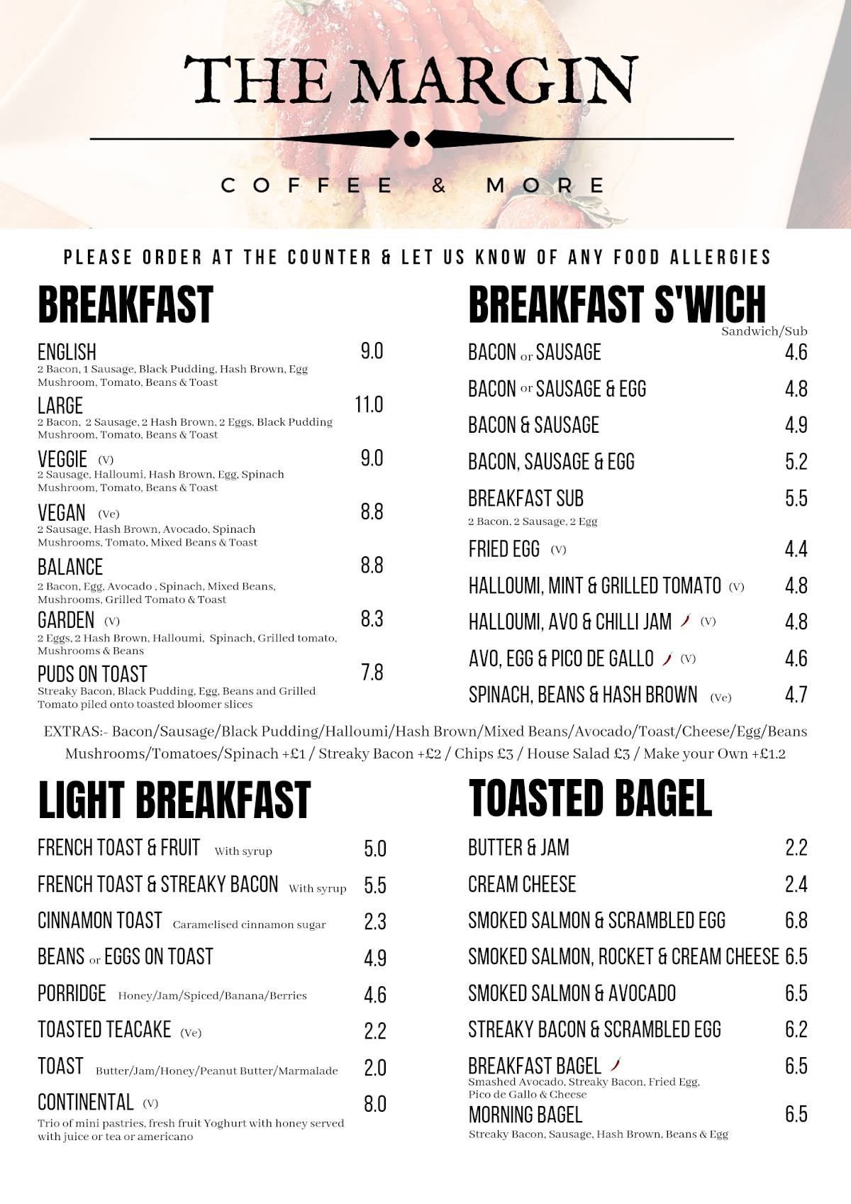 Menu at The Margin Cafe, Southam