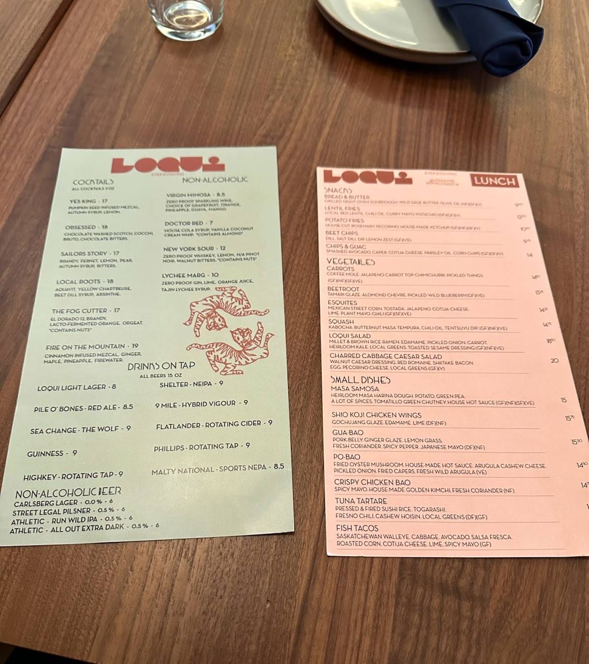 Menu at Loqui restaurant, Saskatoon