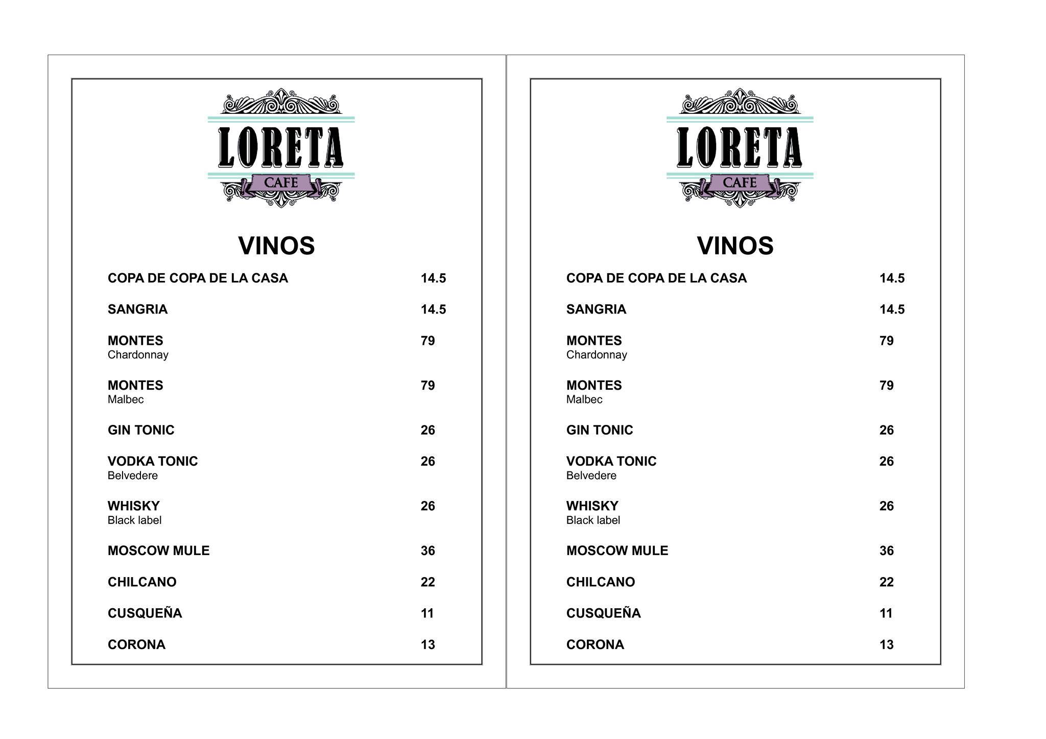 Carta del restaurante Loreta, Lima, Av. Victor Andrés Belaunde 208