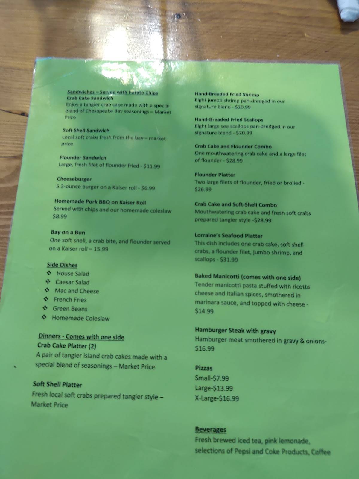 Menu at Lorraine's Seafood Restaurant, Tangier